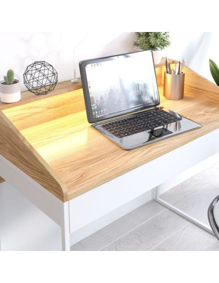 Scrivania moderna Aster con luci e struttura bianca in frassino